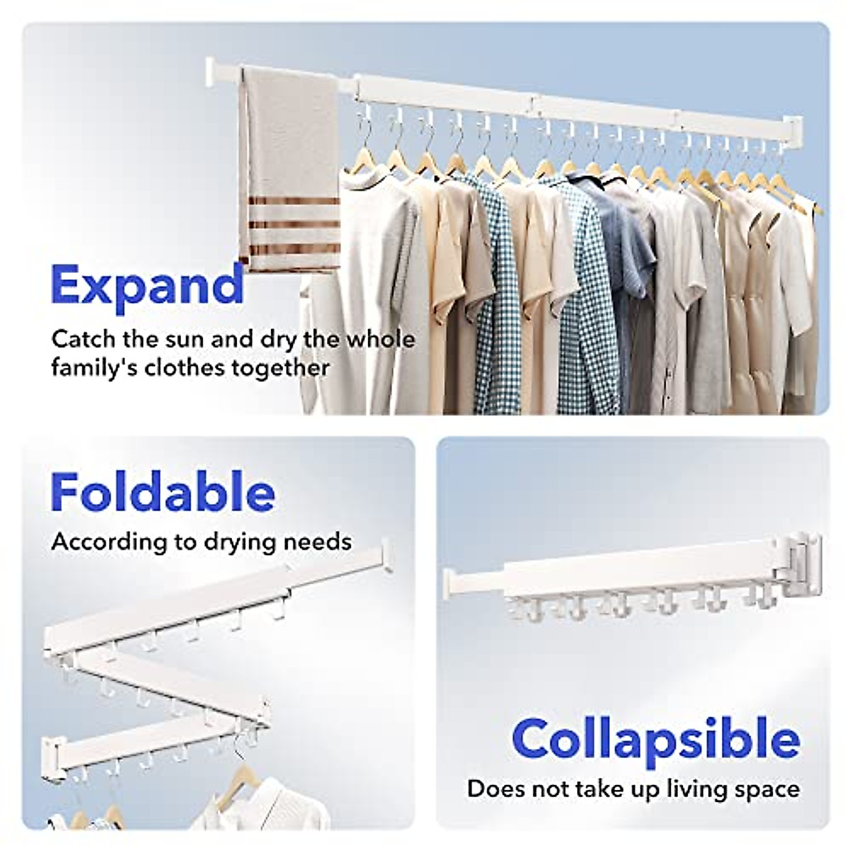 ADUUNKA Clothes Drying Rack Wall Mounted, Wall Mount Laundry Drying Rack, Drying Rack Clothing, Laundry Rack Retractable, Foldable Clothes Hanger Rack, Laundry Hanging Rack, White Color（J-Hooks