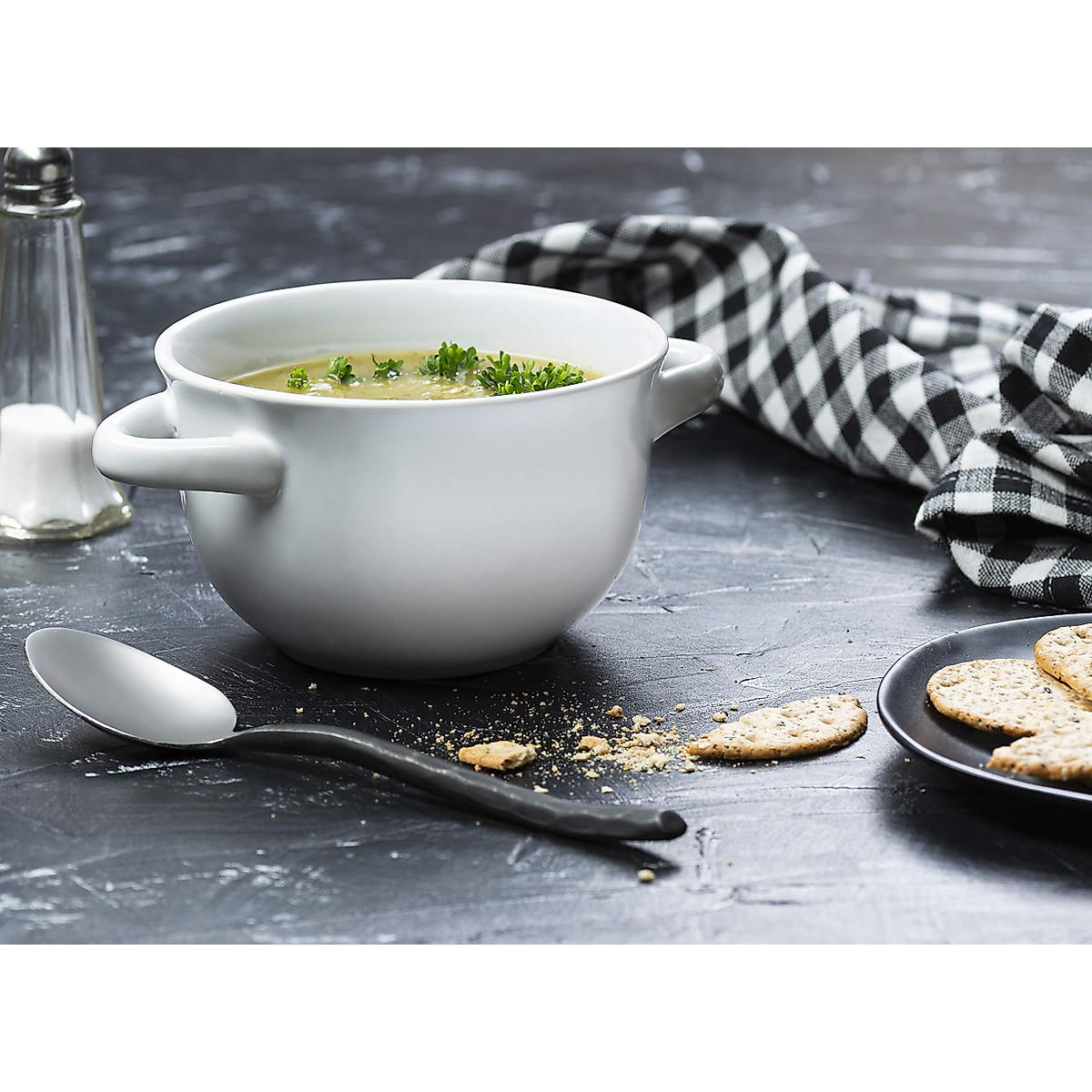 KooK Soup Bowls, French Onion Soup Bowls, Soup Crocks, Oven Safe Bowls, Soup Mugs, Ceramic Bowls with Handles, for Rice, Dessert, Pasta, Dishwasher, Microwave, Set of 4, 18 Oz (White)