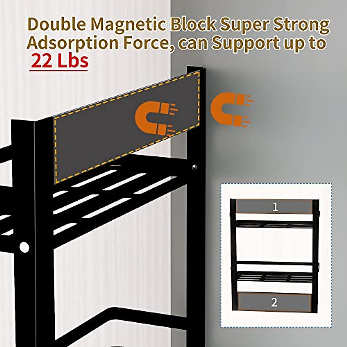 PINNIYOU Magnetic Spice Rack with Paper Towel Holder for Mother's Day Gifts, Magnetic Shelf with 4 Hooks for Refrigerator, 3 Tier Magnetic Fridge Organizer for Kitchen Storage Spices, Pepper, Black