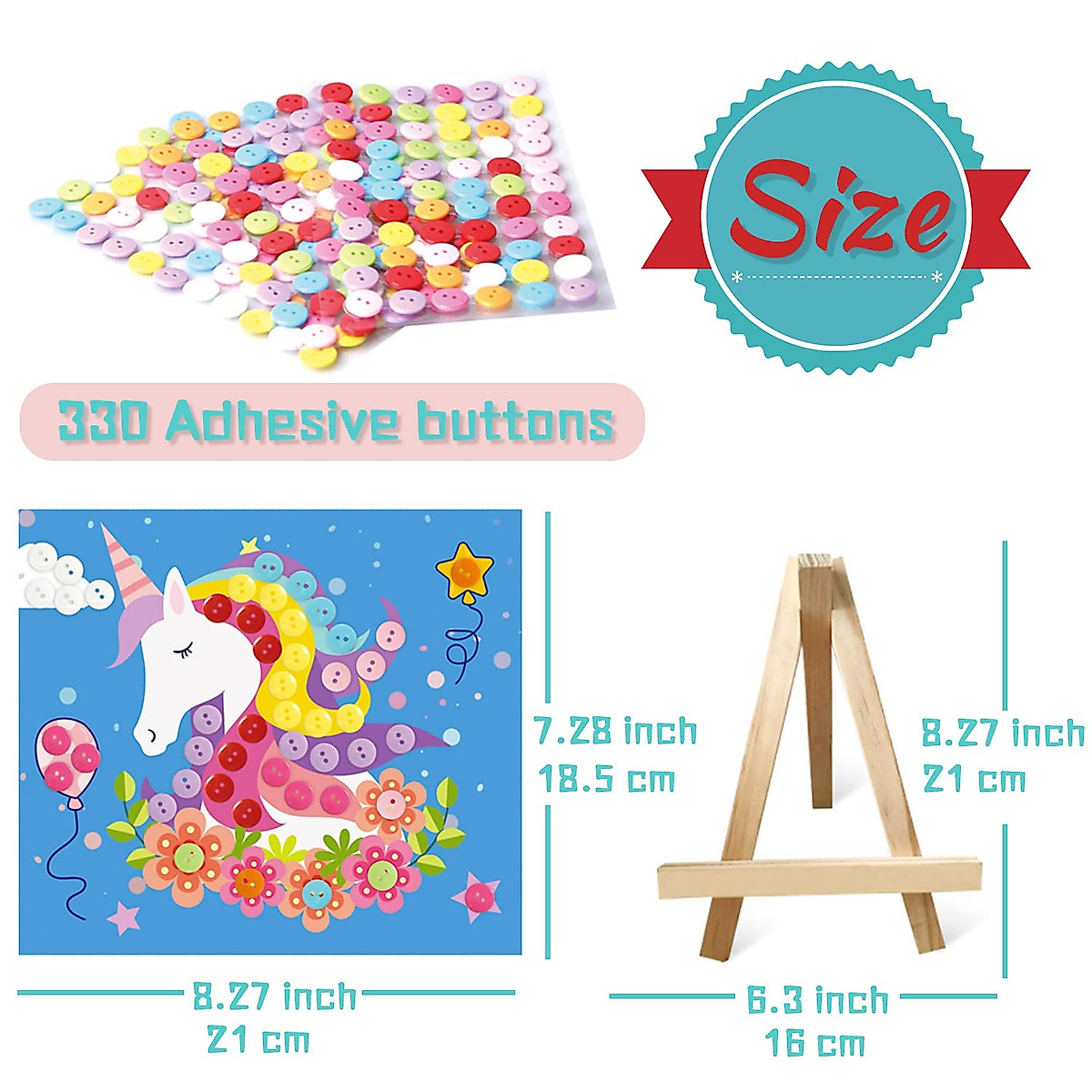 Mosaic Sticker Art Kit for Kids, Colorful Sticky Buttons DIY Handmade Art Kits,Make Your Buttons Art Crafts，for Ages 3-6 Children, Beginner, Boys and Girls-with 1wood Display Easel （8pcs）