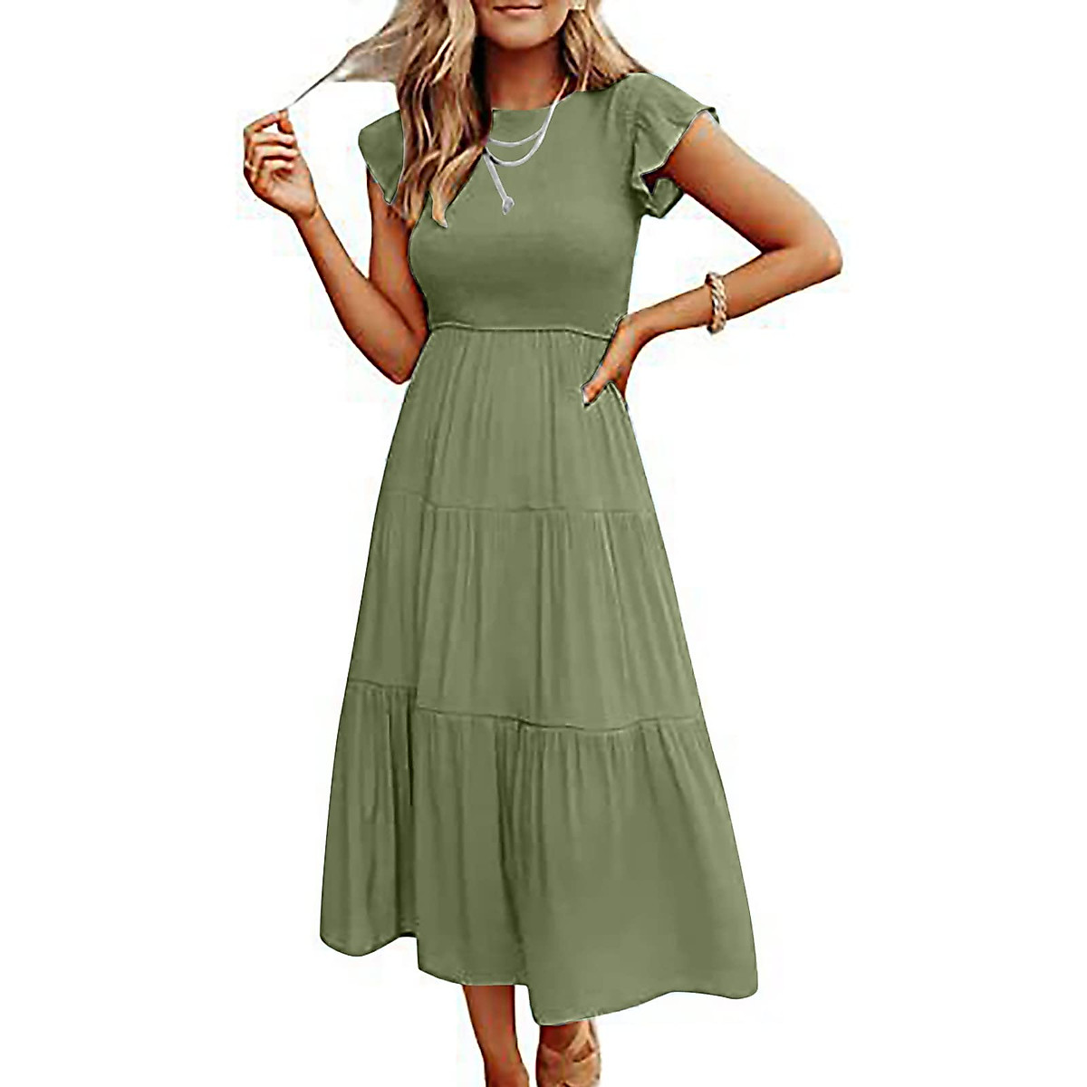 Ceboyel Womens Flutter Sleeve Summer Dresses Bohemian Maxi Long Dress Tiered Ruffle Dresses Elegant Casual Weddings Clothing