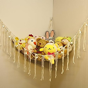 YELIENM Boho Stuffed Animals Net or Hammock with LED Light, 55 inch Toy Hammock Macrame Stuffed Animal Storage Corner Hanging Net Holder,Mesh Hammock Plush Toy Organizer for Bedroom Nursery