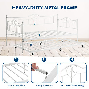 GAOMON Twin Day Bed with Trundle Bed Twin, Metal Daybed with Trundle, Daybed with Trundle Bed Frame, Steel Slat Support Sofa Bed for Kids Teens Adults, No Box Spring Needed, White
