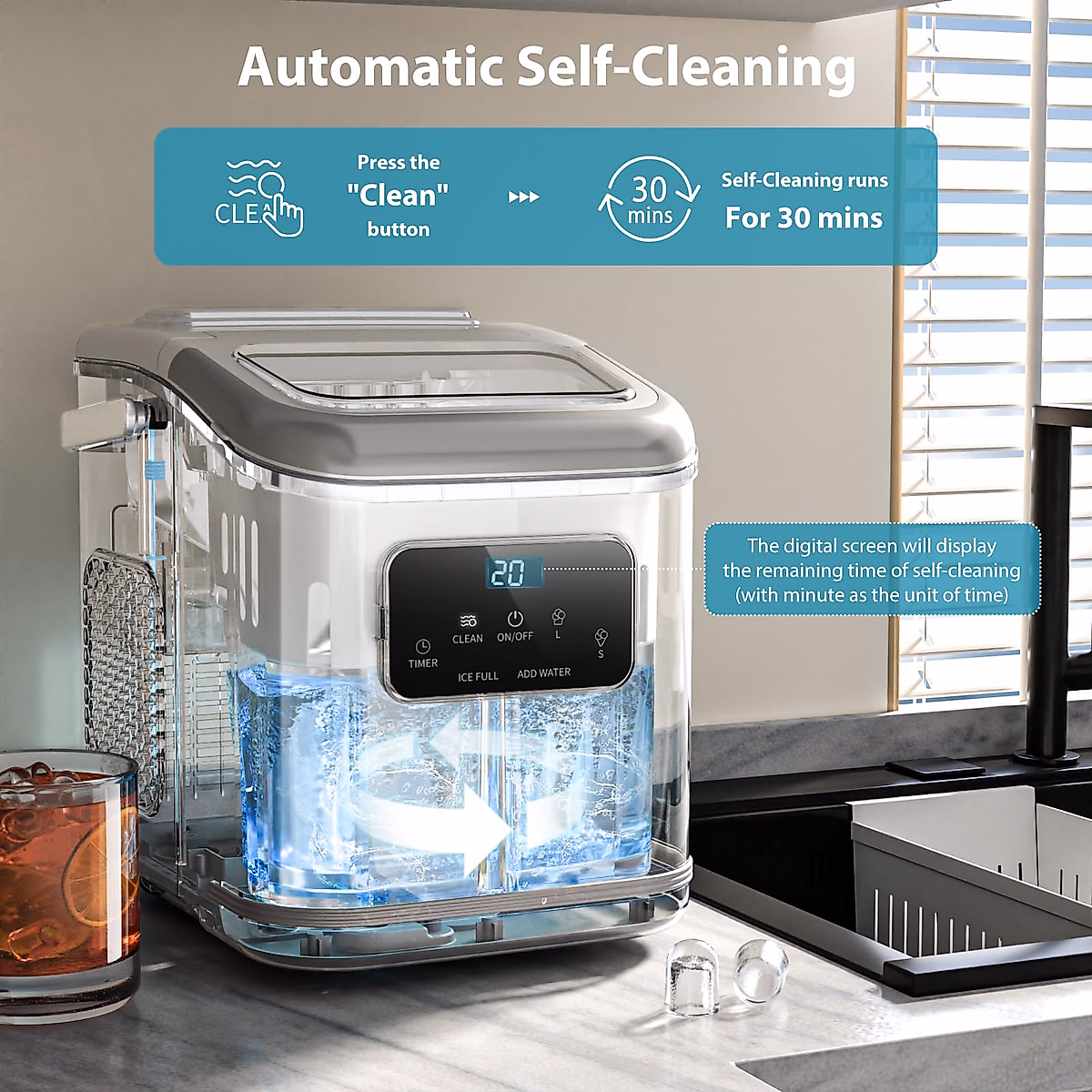 Electactic Ice Maker Machine countertop Self Cleaning Portable Compact Small Bullet Ice Maker with Digital Screen,9 Cubes in 6 Mins,26lbs in 24Hrs,for Camping Dorm Home Outdoor（White）