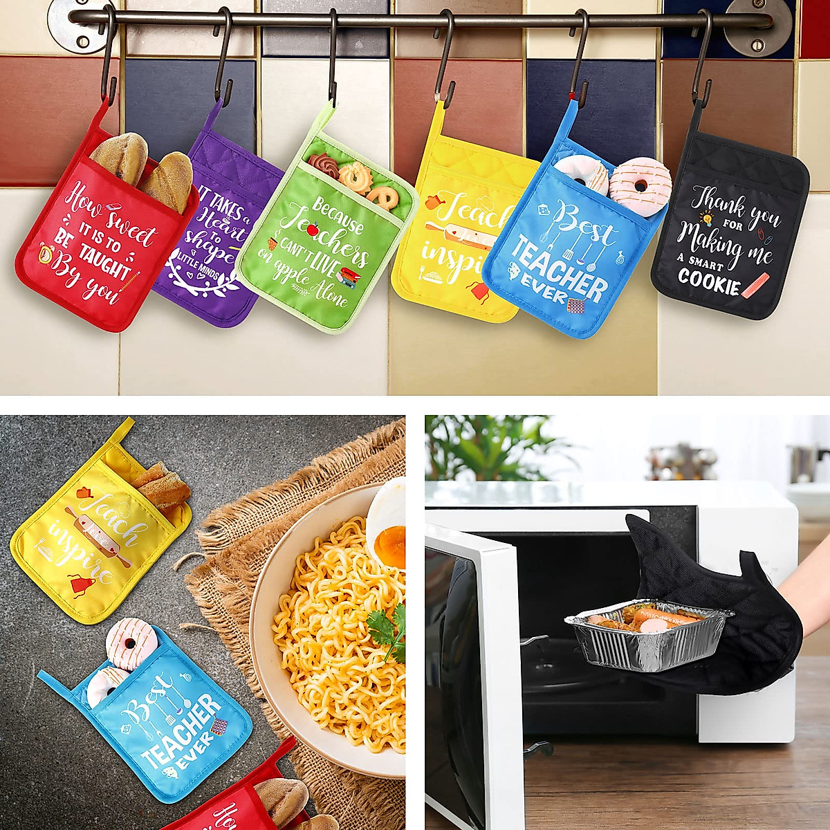 WILLBOND 12 Pieces Teacher Appreciation Gifts Teacher Pot Holders with Pocket Funny Pot Holders for Kitchen Heat Resistant Oven Mitts Hot Pads for Baking Cooking