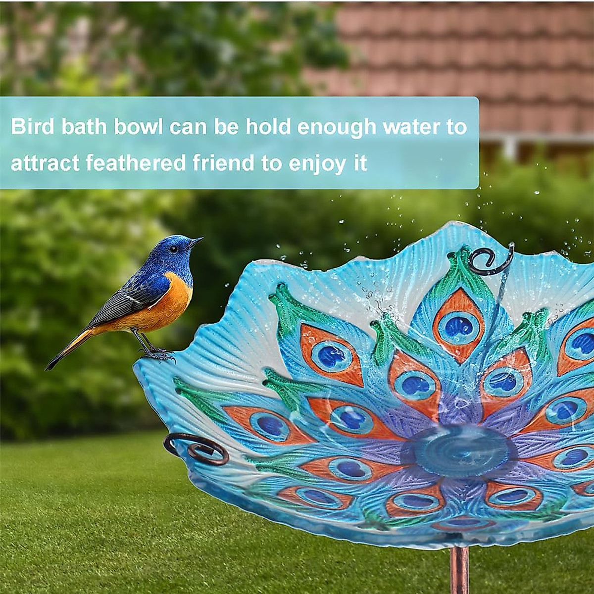 OUISJYER Bird Baths for Outdoors, Peacock Feather Glass Birdbath & Birdfeeder with Metal Pedestal Stake Garden Yard Lawn Decor (31.5" H * 11.5" W)
