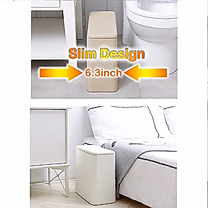CWLL Modern Wastebasket Thin Trash Can,Small Rectangular Dog Proof Plastic Trash Bin,3.2 Gallon/12 Liter Slim Plastic Trash Can Wastebasket with Press Type Lid, Beige