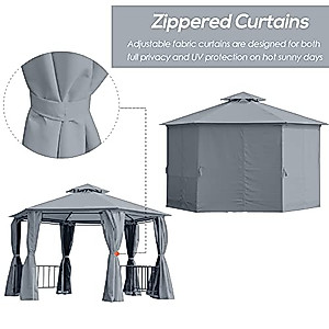 Outsunny 13' x 13' Patio Gazebo, Double Roof Hexagon Outdoor Gazebo Canopy Shelter w/with Netting & Curtains, Solid Steel Frame for Garden, Lawn, Backyard and Deck, Grey