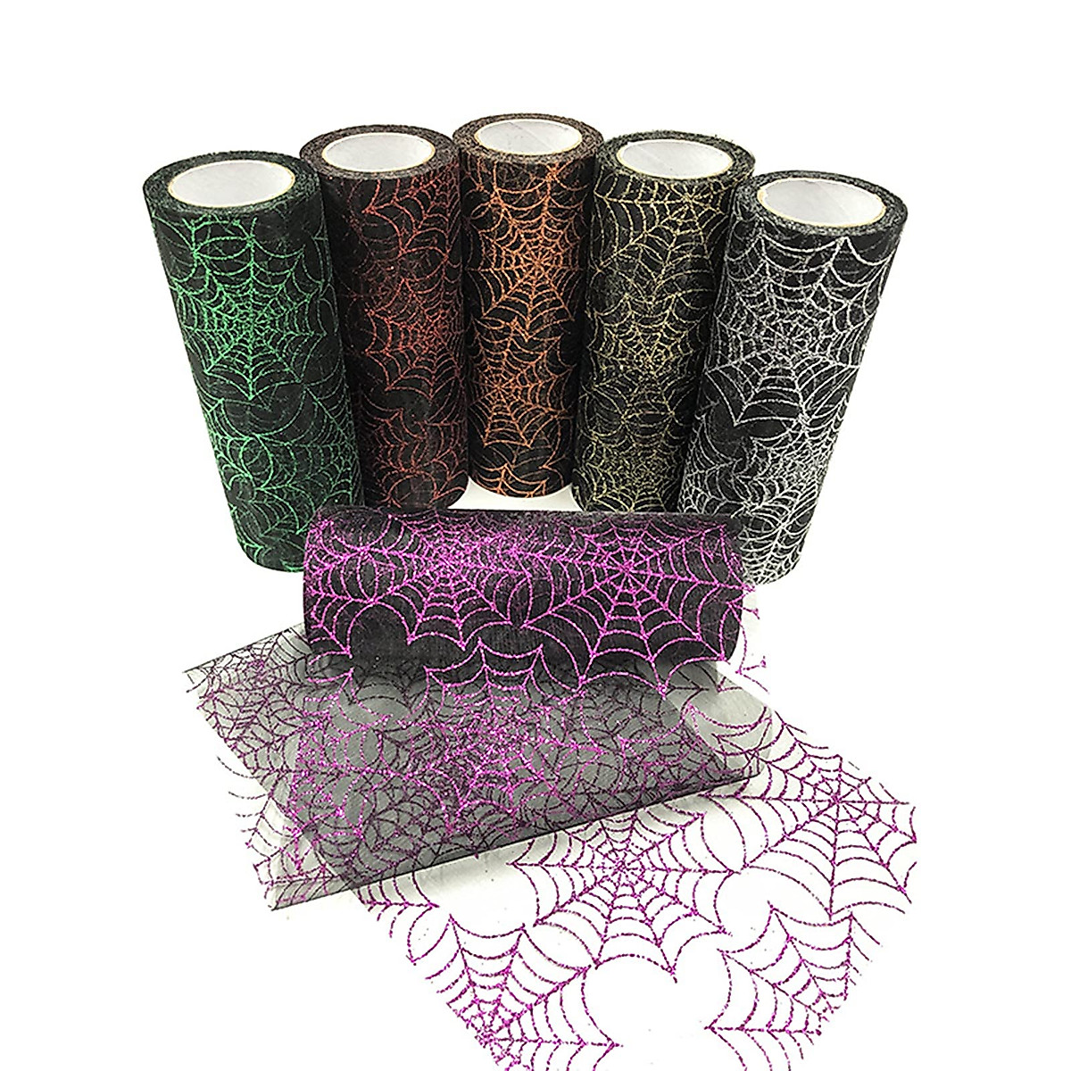 Halloween Tulle, 6 Inch x 10 Yards (30 Feet) Black Tulle Fabric, Spider Web Tulle Rolls, Black Spider Web, Glitter Tulle Rolls Silver