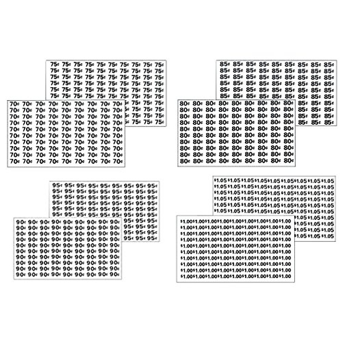 Automatic Products Vending Machine Price Labels Snack Four Sheets, Various Prices.70 Cents.75 Cents on Back.80 Cents .85 Cents on Back.90 Cents.95 Cents on Back, 1.00, 1.05 on Back