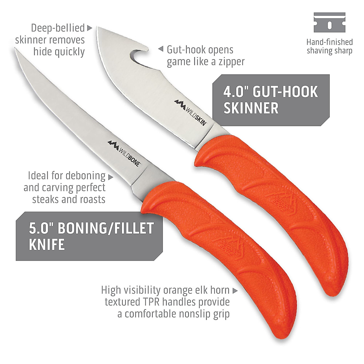 OUTDOOR EDGE WildBone, 4-Piece Hunting Knife Set, Field Dressing & Game Processing Knives - Gut-Hook Skinning & Boning/Fillet Knife, Carbine/Ceramic Sharpener, Camo Belt Scabbard - Deer & Elk