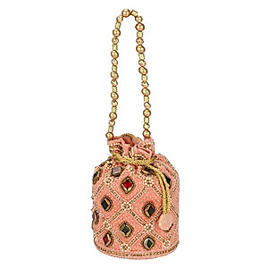 Indian Ethnic Clutch Silk Potli Batwa Pouch Bag with Beadwork Gift For Women (Peach)