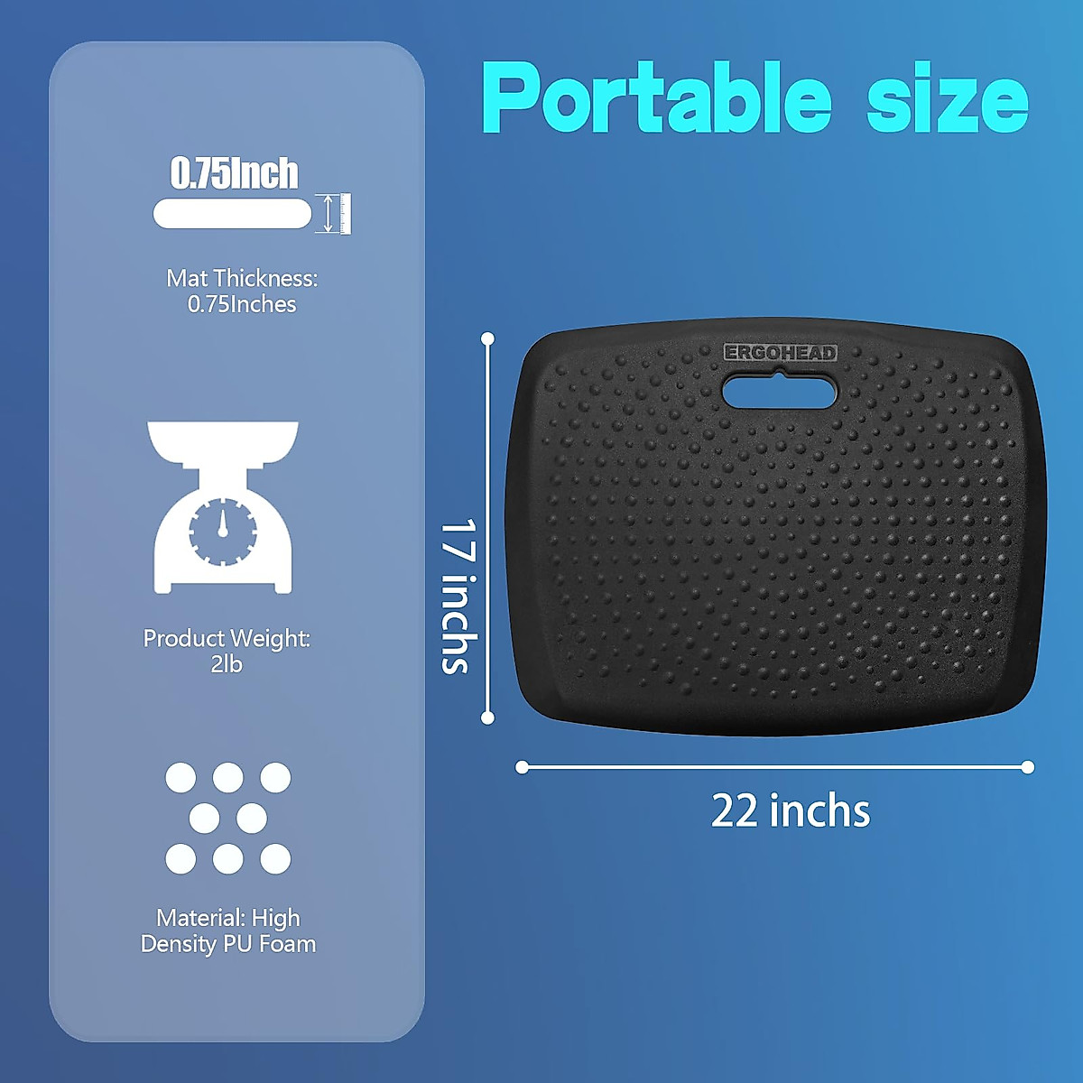 Ergohead Anti Fatigue Kitchen Floor Mat Comfort Standing Mat, Portable Office Standing Desk Mat, Multi-Purpose Kitchen Rug, Built-in Handle with Massage Points Comfort Floor Mat (Black, 17" x 22")