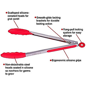 Uigos Kitchen Cooking Food Tongs Stainless Steel With Silicone Heads Locking Clip 2 Piece  (9" & 12")