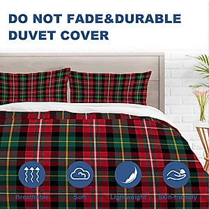 Batmerry Christmas Plaid Tartan Queen Size 3 Pieces Bedding Comforter Cover Sets,Soft Fluffy Red Abstract Black Fashion Geometric Pattern Printed Duvet Cover for All Season