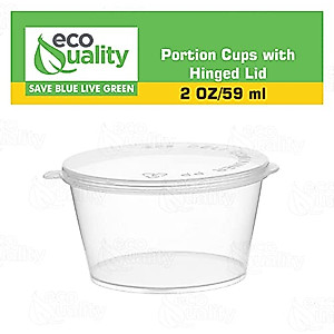 EcoQuality [100 PACK 2 Oz Leak Proof Plastic Condiment Souffle Containers with Attached Lids - Portion Cup with Hinged Lid Perfect For Sauces, Samples, Slime, Jello Shot, Food Storage & More!