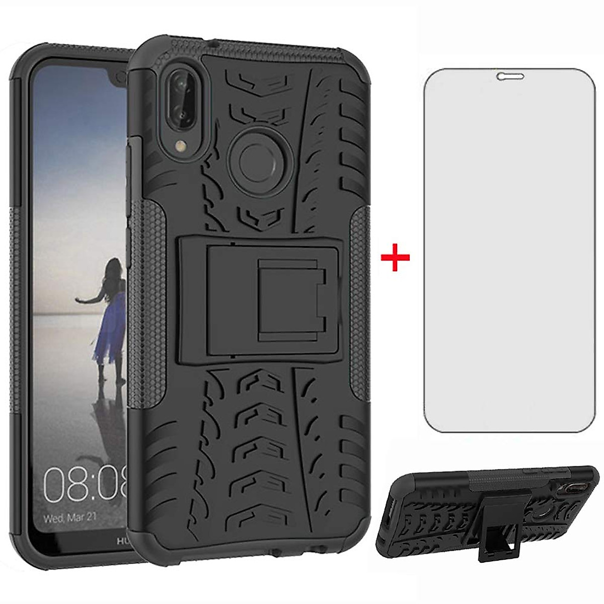 Phone Case for Huawei P20 Lite with Tempered Glass Screen Protector Cover and Stand Kickstand Hard Rugged Hybrid Protective Cell Accessories TPU Huwai P20lite P 20 Haweii Nova 3E Cases Men Women Black