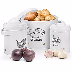 Frcctre Set of 3 Potato and Onion Storage Canisters, Potato, Onion, Garlic Kitchen Storage Bin With Lids, Metal Vegetable Keeper Storage Bins Set with Aerating Holes for Pantry Organization