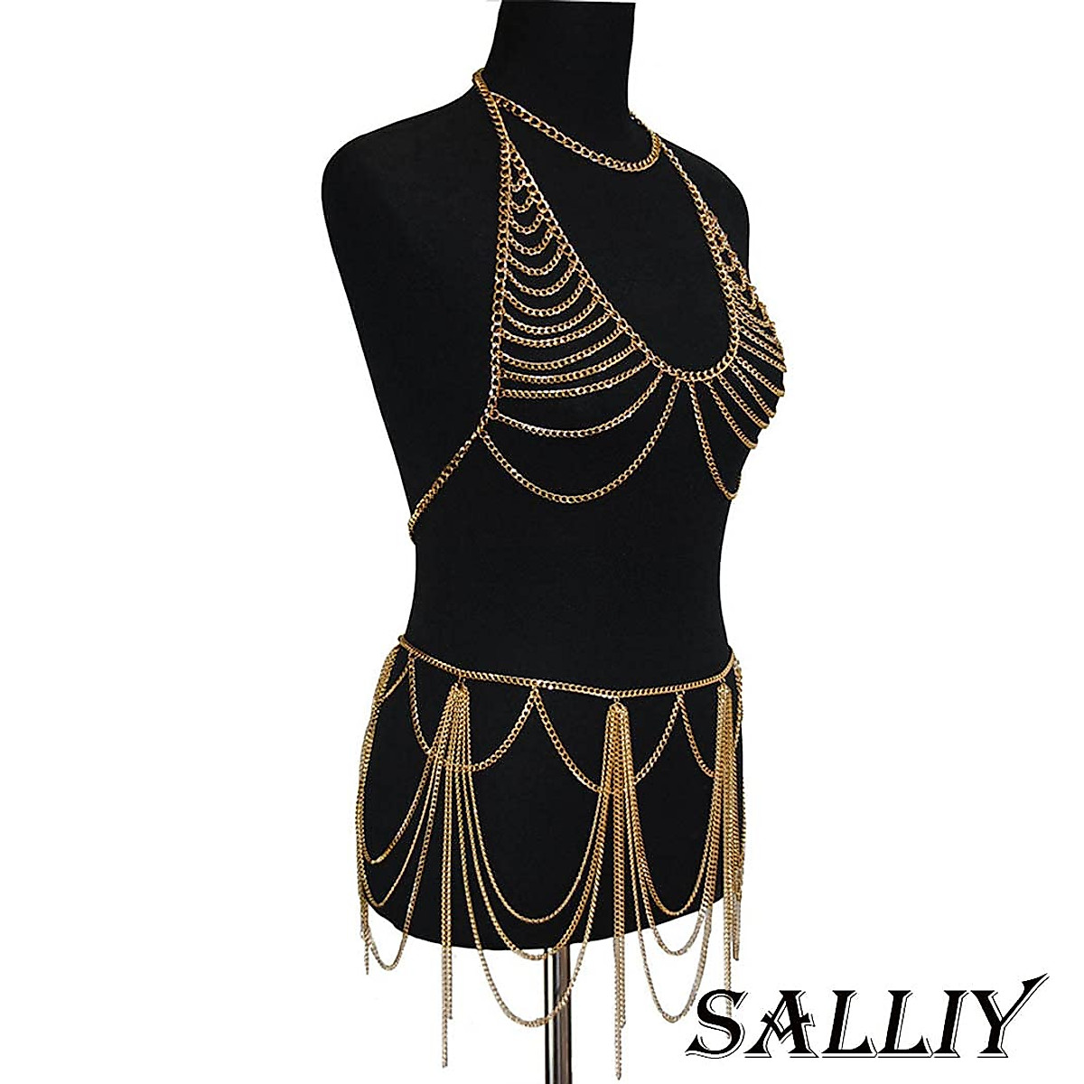 Salliy Boho Body Chain Bra Gold Sexy Rhinestone Bikini Bra Body Halter Backless Sequins Chain Bra Beach Body Accessories Jewelry for Women (Gold Bra + Skirt)