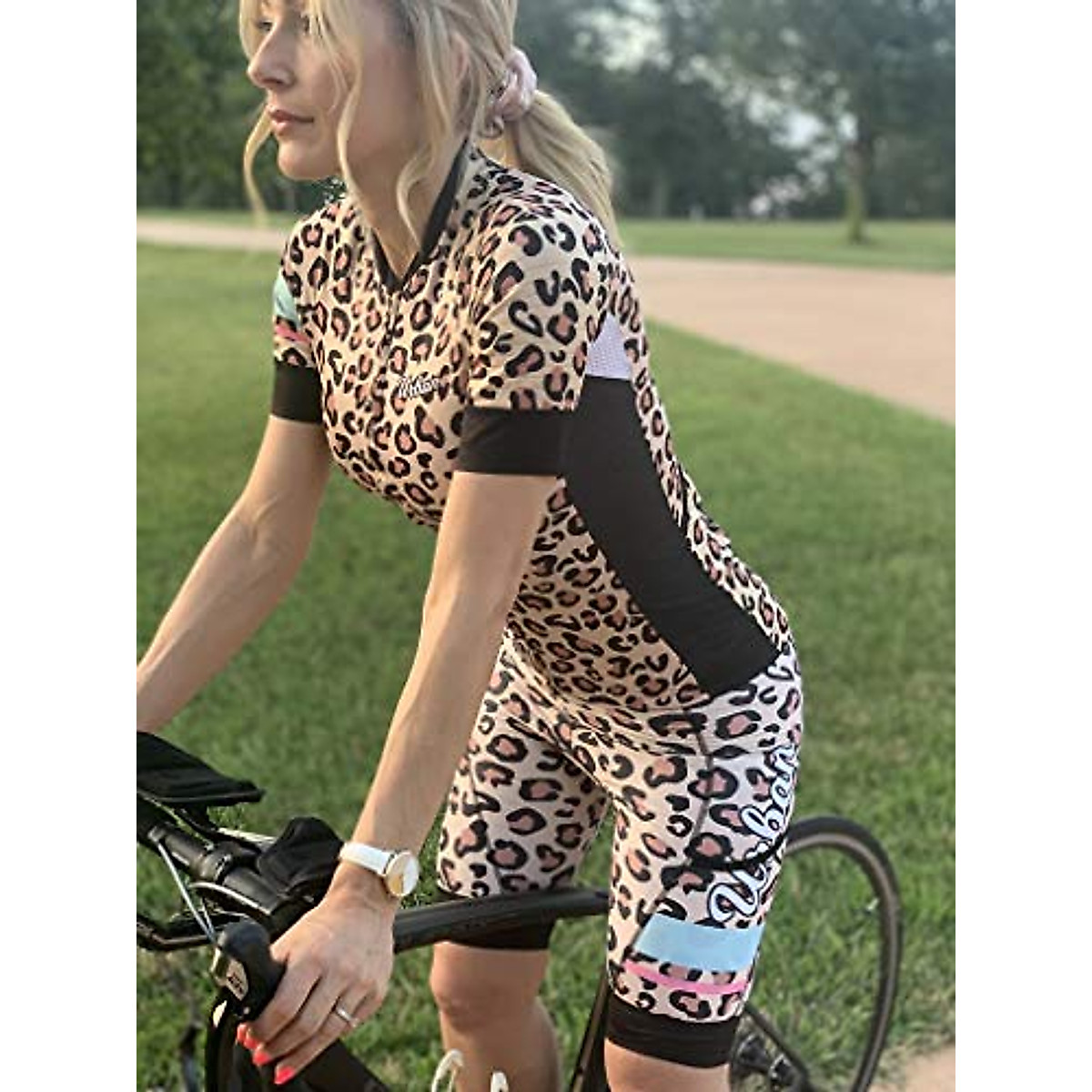 Women's Pro Series Leopard Print Cycling Short Sleeve Jersey, Bib Shorts, or Kit Bundle (Medium - Size 6, Jersey + Bib Shorts Set)