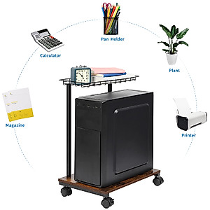 ABQ Computer Tower Stand, C-Shape Mobile CPU Holder with Storage Basket, 2 Tier CPU Stand Cart with Lockable Wheels, Fits Most Gaming PC Under Desk for Office Home