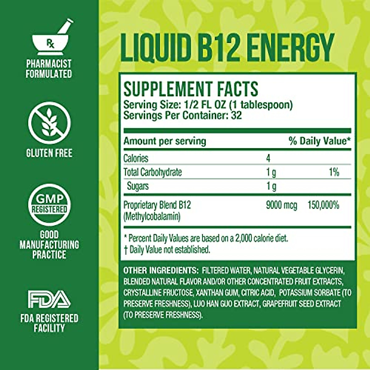 NUTZ ABOUT HEALTH B12 Liquid Vitamin 9000 mcg - Made in USA, High Potency All Natural Vitamins, Gluten Free, All Day Energy & Mental Clarity, 16 fl oz (32 Daily Servings)