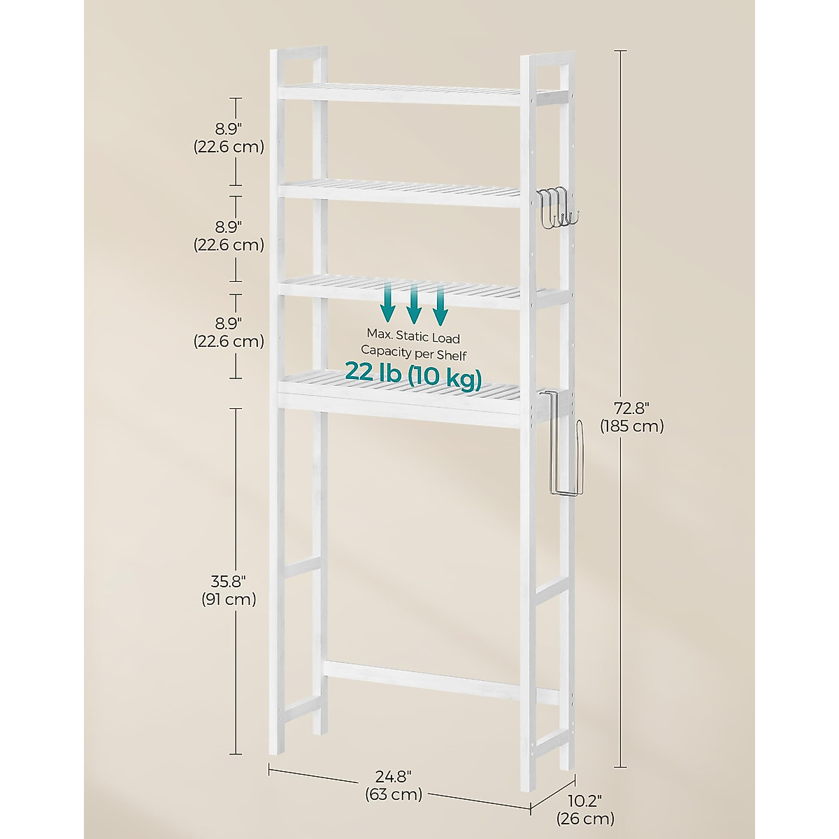 SONGMICS Over The Toilet Storage, 4-Tier Over Toilet Bathroom Organizer with Adjustable Shelf, Fit Most Toilets, Space-Saving, Easy Assembly, Cloud White UBTS041W01