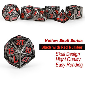 Oversize Skull Hollow DND Metal Dice Set, DNDND 25mm Hollow Copper Die Set with Gift Metal Case for Dungeons and Dragon Halloween (Black with Red Number)