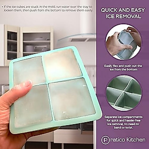 Pratico Kitchen Large Ice Tray, 4 Big 2.25 inch Ice Cubes for Whiskey and Cocktails, 2 Pack