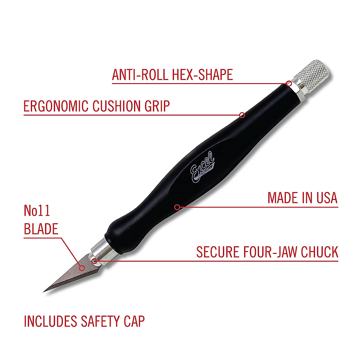 Excel Blades Fit Grip Knife. Ultra Sharp Knife with Carbon Steel Angled Edge Blade & Contoured Rubberized Grip, Made in the USA, Light Duty Cutting Tool for Precision Cutting & Trimming, Black, 3 Pack