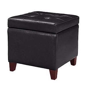 Adeco Bonded Leather Square Tufted Cubic Cube Footstool, 18" Height Storage Ottomans, With Lid, Black