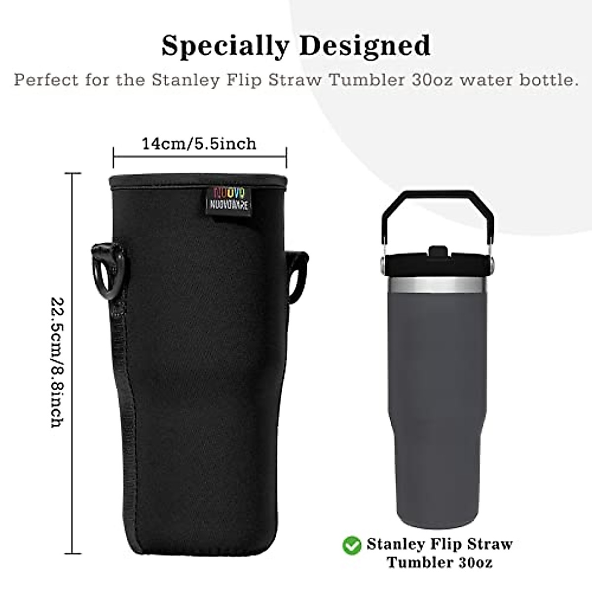 Nuovoware Water Bottle Carrier Bag Fits Stanley Flip Straw Tumbler, 30OZ Bottle Pouch Holder with Adjustable Shoulder Strap, Neoprene Water Bottle Holder for Hiking Travelling Camping, Black