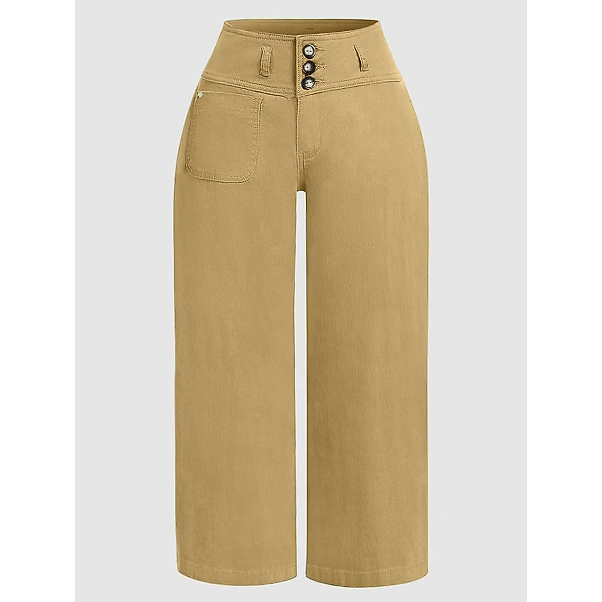 Flamingals Women's Solid Button Up Wide Leg Crop Jeans Low Waist Casual Pants Khaki