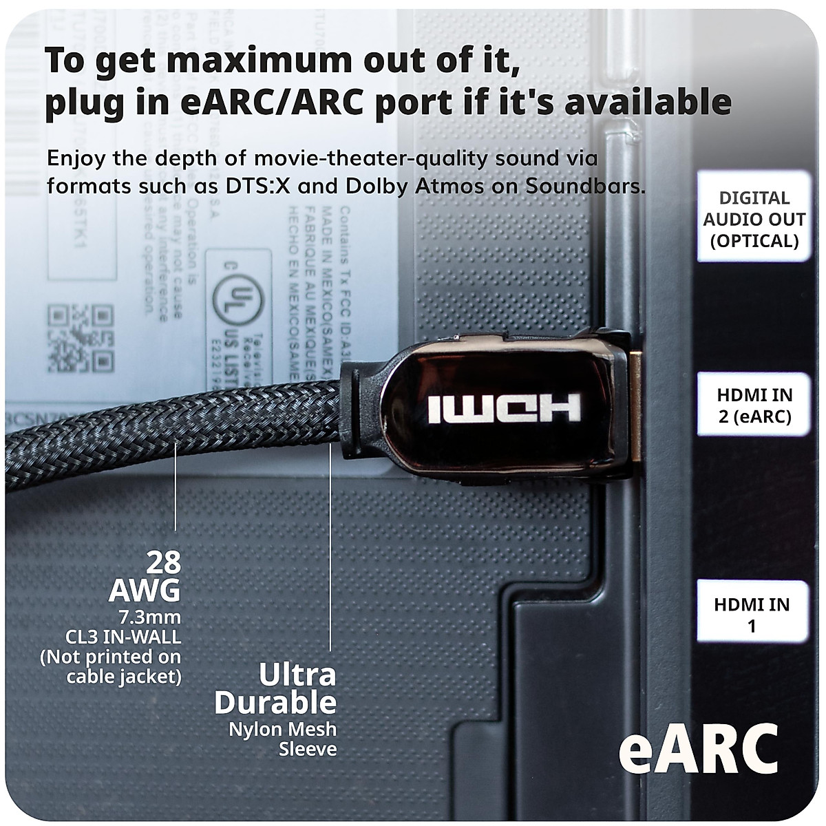 8K HDMI ARC/eARC Cable for Soundbar 6.6FT/2M [Certified] HDMI 2.1 Cable 48Gbps Ultra High Speed Cable in-Wall Safe, 4K 120Hz, Supports Dynamic HDR, HDCP, Dolby Atmos for Vizio Samsung Bose Sound Bars