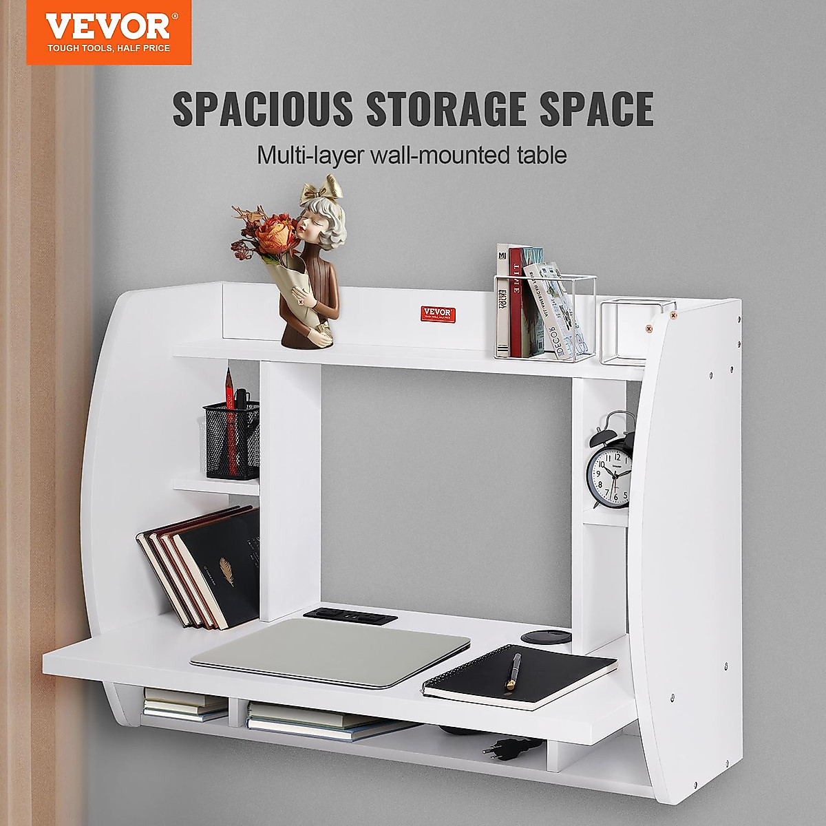 VEVOR Floating Wall Mount Computer Desk Socket and 70.9 in (1.8 m) Power Cord for Home Office, Space Saving with Storage Shelves and Cubby, White
