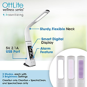 OttLite Thrive LED Sanitizing Desk Lamp with Clock and USB Charging - Eliminates up to 99.9% of Bacteria, Touch Activated, Flexible Neck, Modern Light for Reading, Crafting & Office Desktop