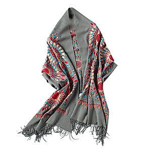 Urban CoCo Women's Embroidered Oversize Tassel Shawl Scarf Wraps for Women (Gray)