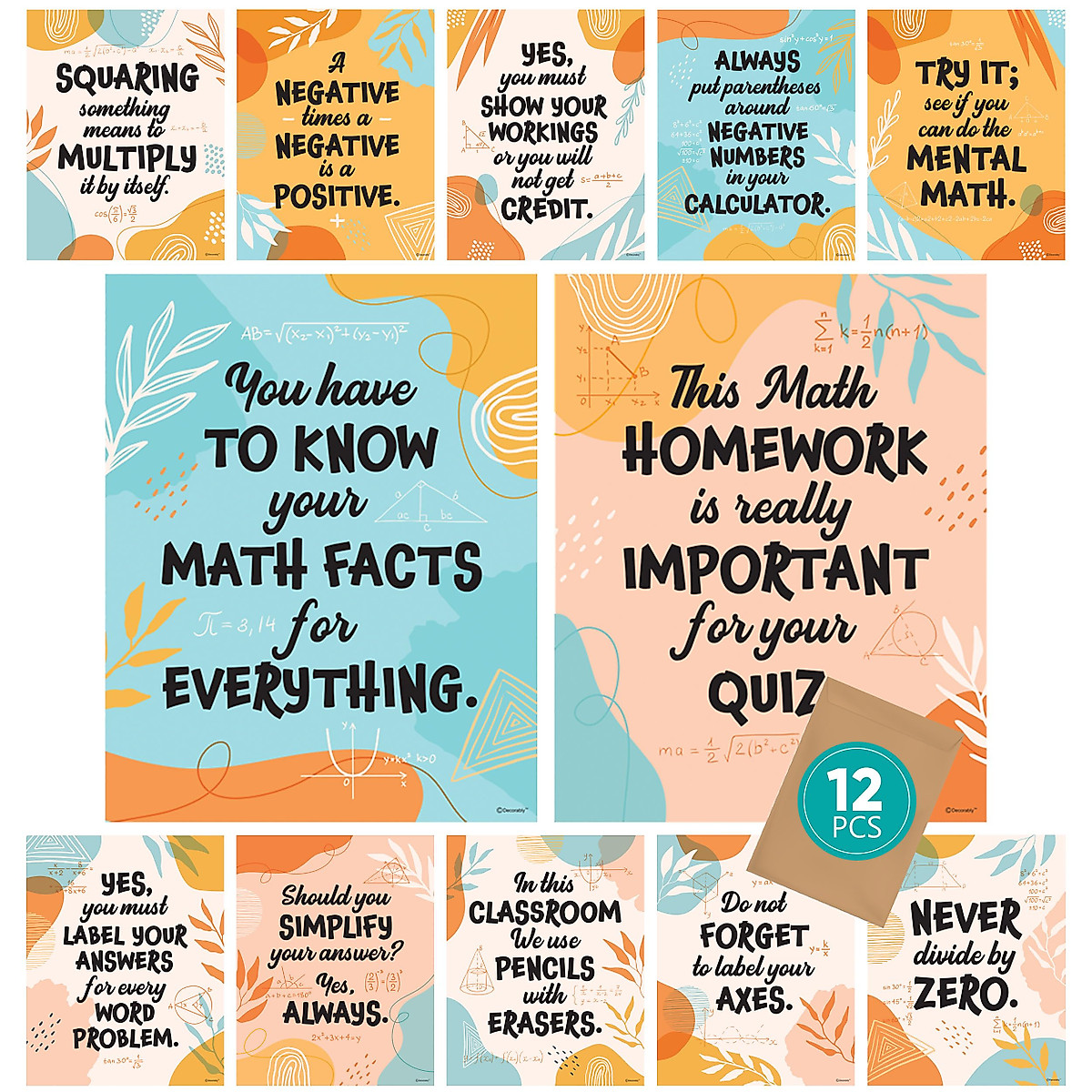 Decorably 12 Math Posters for Middle School, 11x14in Matte-Laminated Educational Math Classroom Posters