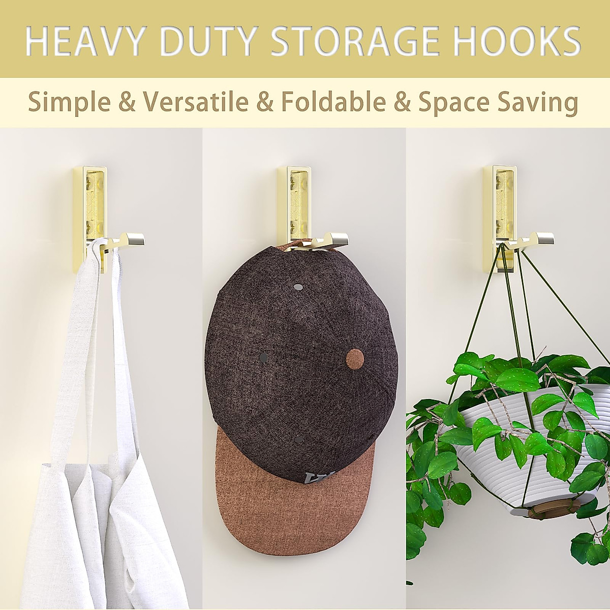 ANJUU Wall Hooks for Hanging Coat, Heavy Duty Metal Hooks with Folding Storage Foldable Wall Hooks for Entryway Bathroom Kitchen Bags Towels Closet, 4Pcs Gold