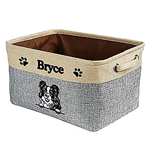 MALIHONG Personalized Foldable Storage Basket with Funny Dog Border Collie Collapsible Sturdy Fabric Pet Toys Storage Bin Cube with Handles for Organizing Shelf Home Closet, Grey and White