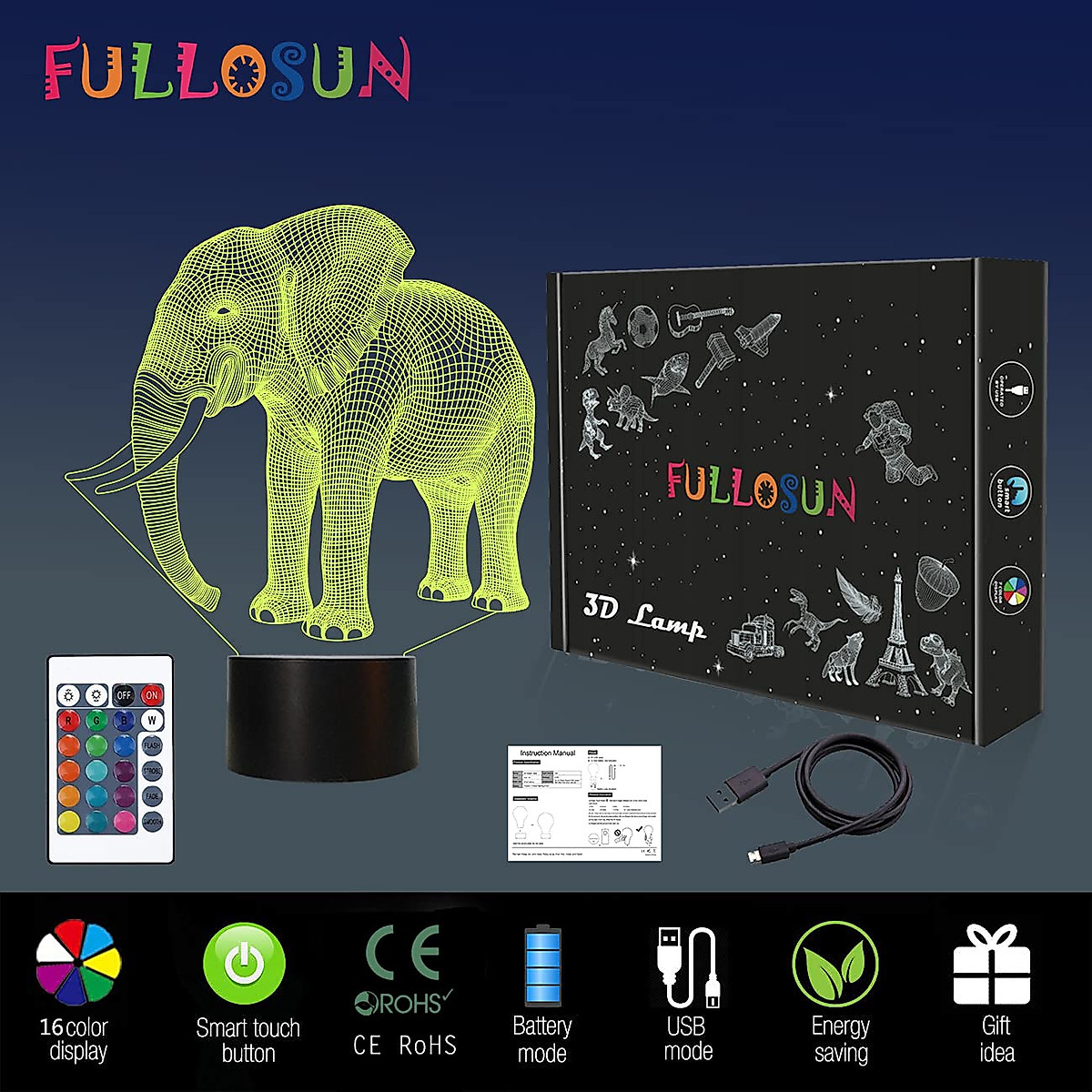 FULLOSUN Elephant Gifts, 3D Night Light for Kids 16 Colors Changing 3D Illusion lamp with Remote Control & Smart Touch, Child Xmas Birthday Gifts for Boys Age 2 3 4 5 6+ Year Old