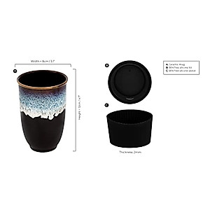 NOVA CERAMICS Reusable Coffee Cup, Ceramic Travel Mug with Lid, Portable Coffee Cup, Unique to Go Mug, Microwave, Dishwasher Safe, 12oz, Black with Running Blue Glaze, Monsoon
