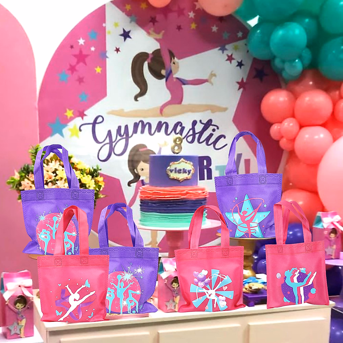 BANBALLON 20 Packs Gymnastic Party Favor Bags Birthday Non-Woven Bags Reusable Gymnastic Goodie Gift Treat Candy Bags for Baby Shower Gymnastic Birthday Party Decorations