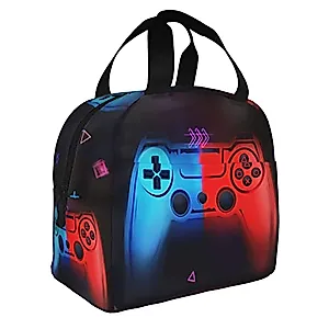 Hellokugou Game Lunch Bag For Kids Gaming, Red & Blue Fluorescent Gamepad Glow Luminous Lunch Box Portable Reusable Handbag Box Travel Beach Picnic