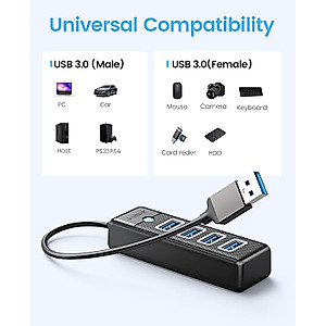 ORICO 4-Port USB HUB 3.0, USB Splitter for Laptop with 0.49ft Cable, Multi USB Port Expander, Fast Data Transfer Compatible with Mac OS 10.X and Above, Linux, Android-Black