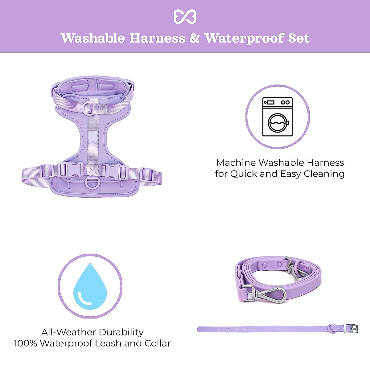 Dog Harness and Leash Set | BearBone No Pull Dog Harness and Waterproof Dog Collar and Leash Set | Heavy Duty Dog Harness, Leash and Collar | Medium Dog Harness, Leash and Collar (Lilac, Medium)