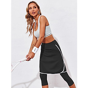 Aurgelmir Women's Knee Length Tennis Golf Skirts with Capri Pants Workout Yoga Skirted Leggings Athletic Skorts Pants Black