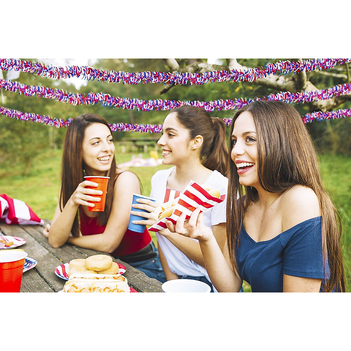 Patriotic Garland Decorations (2 Pack, 9 ft Each) - Tinsel in Metallic Red White and Blue for 4th of July Party, Veterans Day, Labor Day Holiday and More