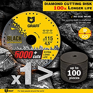 GRAFF Black Cut Off Wheels 4 1/2 Inch - Diamond Metal Cutting Disc for Angle Grinder 4.5 Inch - 60x Longer Wheel Life