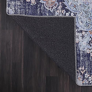 CAMILSON Printed Area Rugs with Ultra Thin Super Strong for Living Room Bedroom, Vintage Rug 8x10, Stain and Water Resistant, Traditional Bohemian Indoor Carpet (8 x 10, Blue)